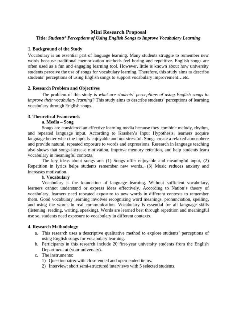 Mini Research Proposal Example | PDF | Vocabulary | Learning