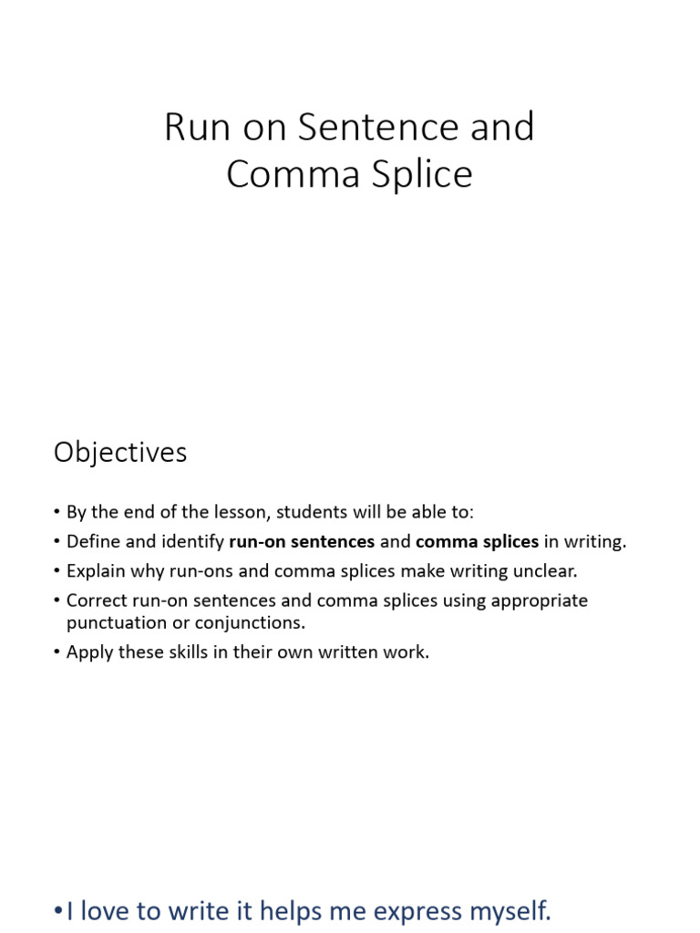 Run On Sentence and Comma Splice | PDF