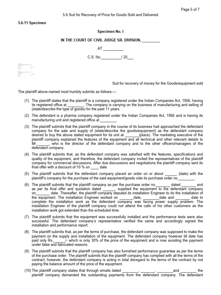 Recovery Suit for Goods Sold Payment | PDF | Lawsuit | Prices