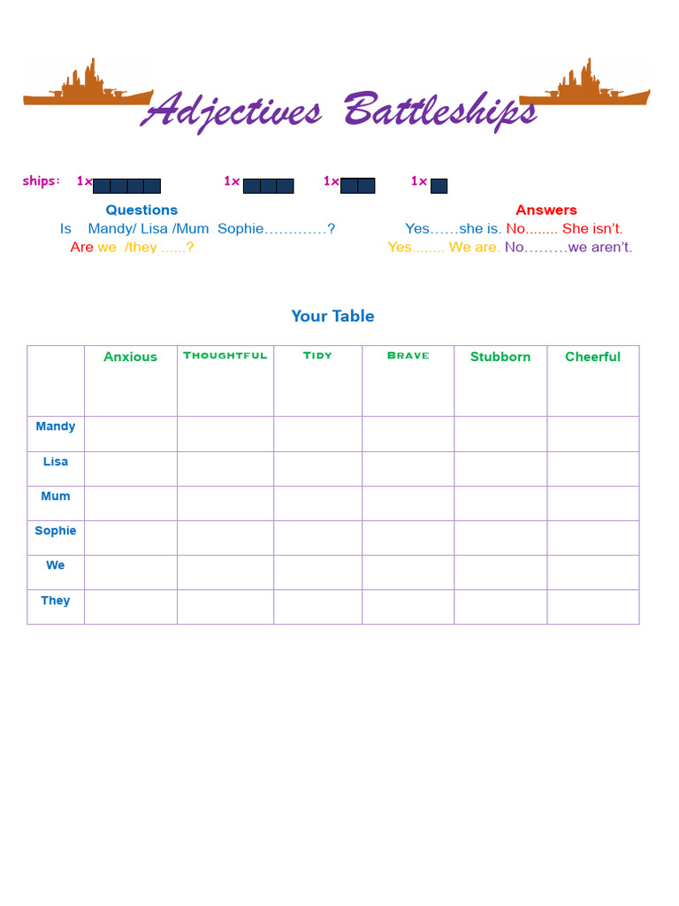 Adjectives Battleships Game | PDF
