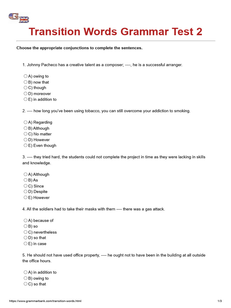Transition Words Tests 2 - GrammarBank | PDF | Chess Openings | Chess