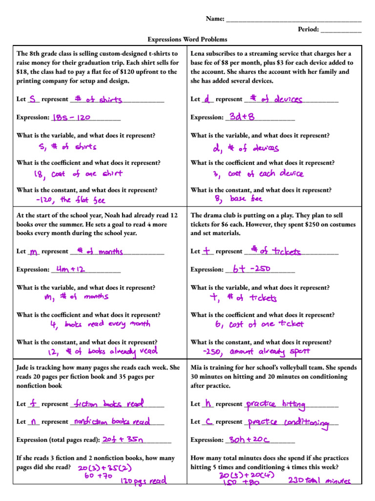 Expressions Word Problems and Distributive Property - Key | PDF | Fee