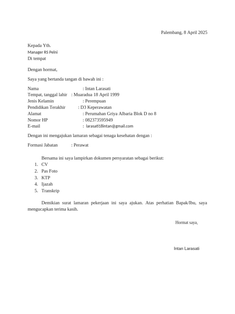 Lamaran Perawat RS Pelni oleh Intan Larasati | PDF