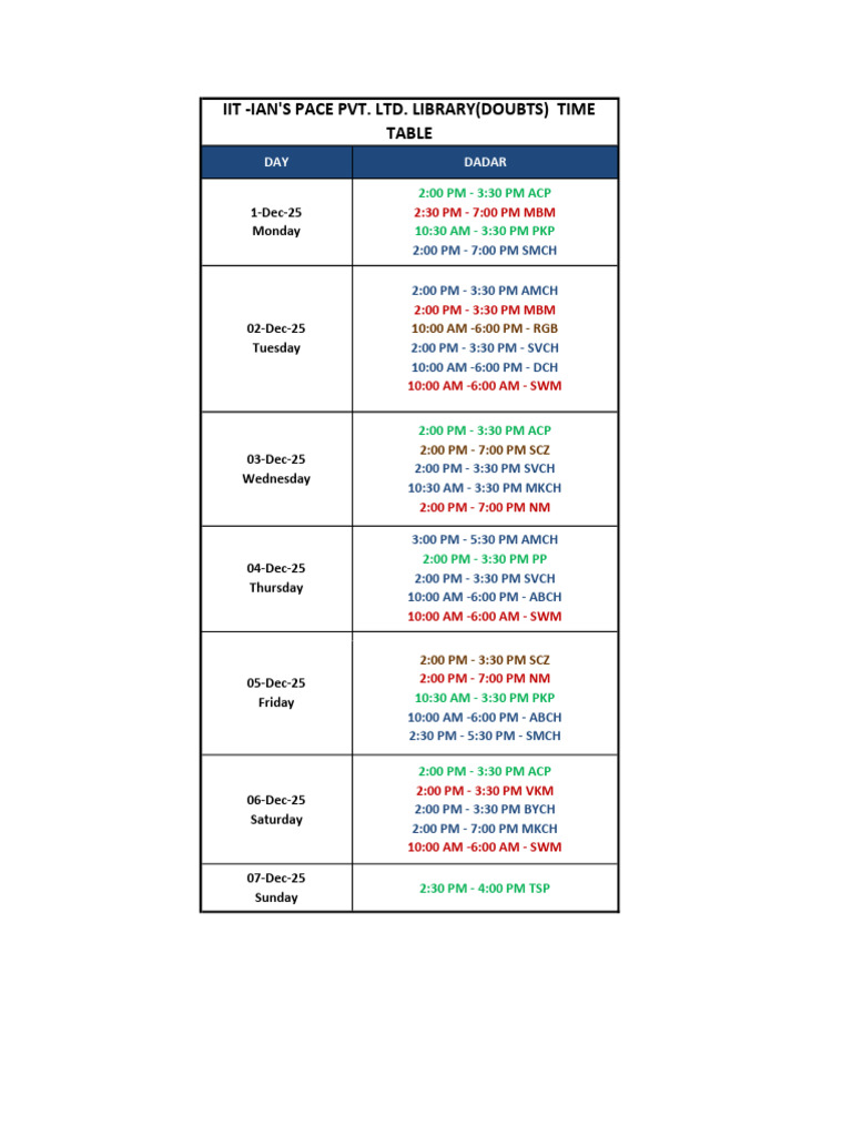 IIT-IAN'S PACE Library Timetable | PDF