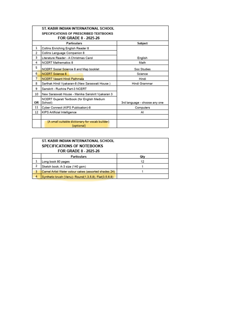GRADE 8 - Books and Notebooks 25-26.Xlsx - Sheet1 | PDF