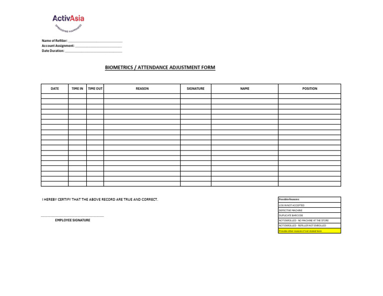 Biometrics / Attendance Adjustment Form | PDF
