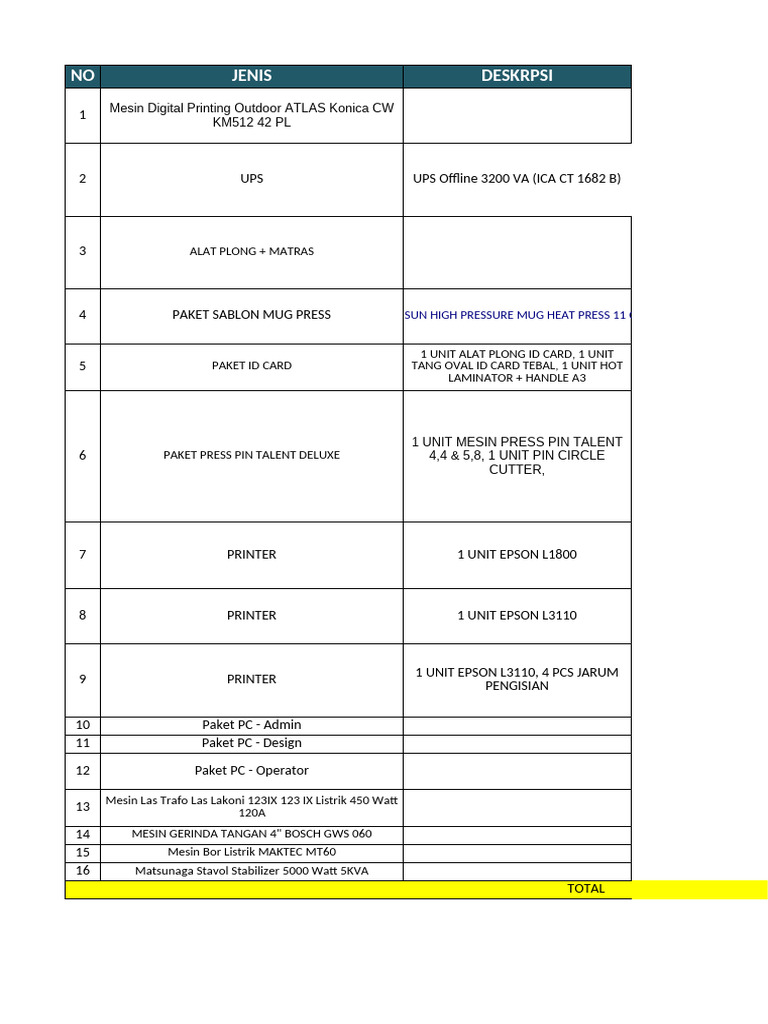 Daftar Harga Alat Printing dan Konstruksi | PDF | Printer (Computing ...
