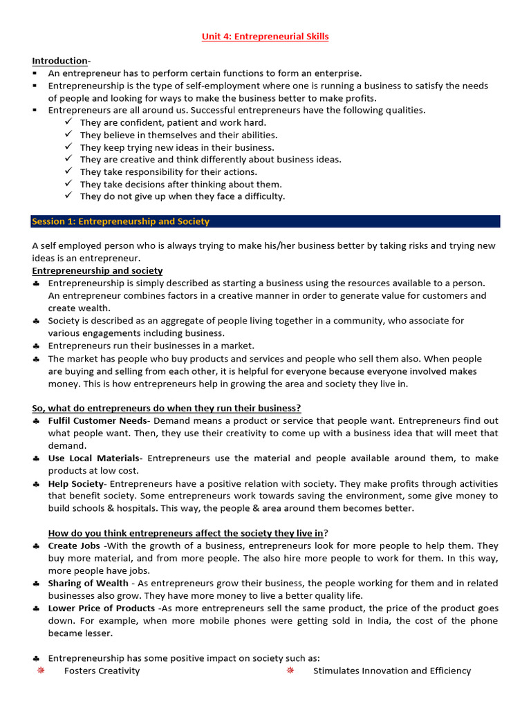 Unit 4 - Entrepreneurial Skills | PDF | Entrepreneurship | Economies