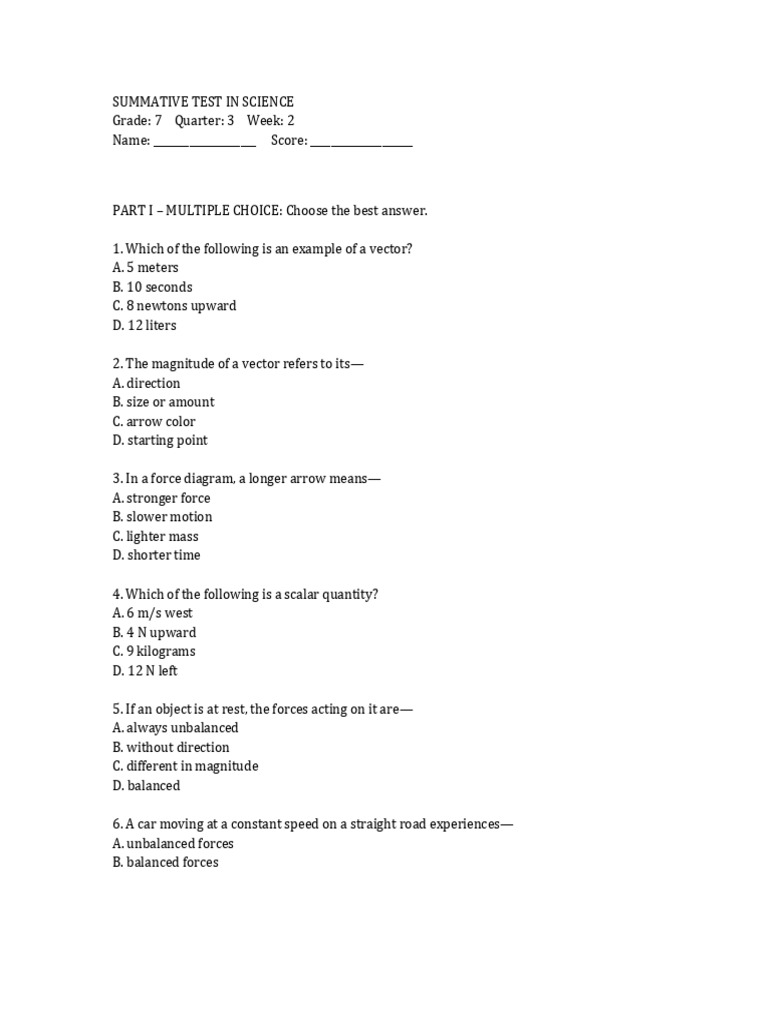 Summative Test Sci Gr7 Week 2.1 | PDF | Force | Euclidean Vector