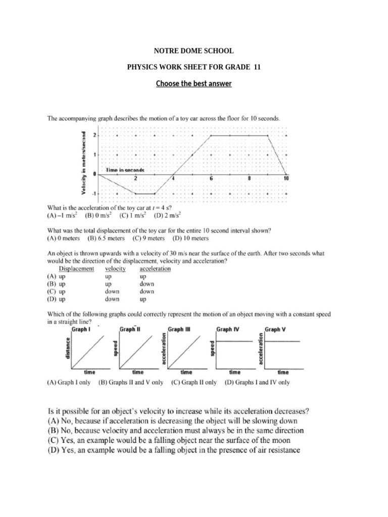 Physics Work Sheet For Grade 11 | PDF