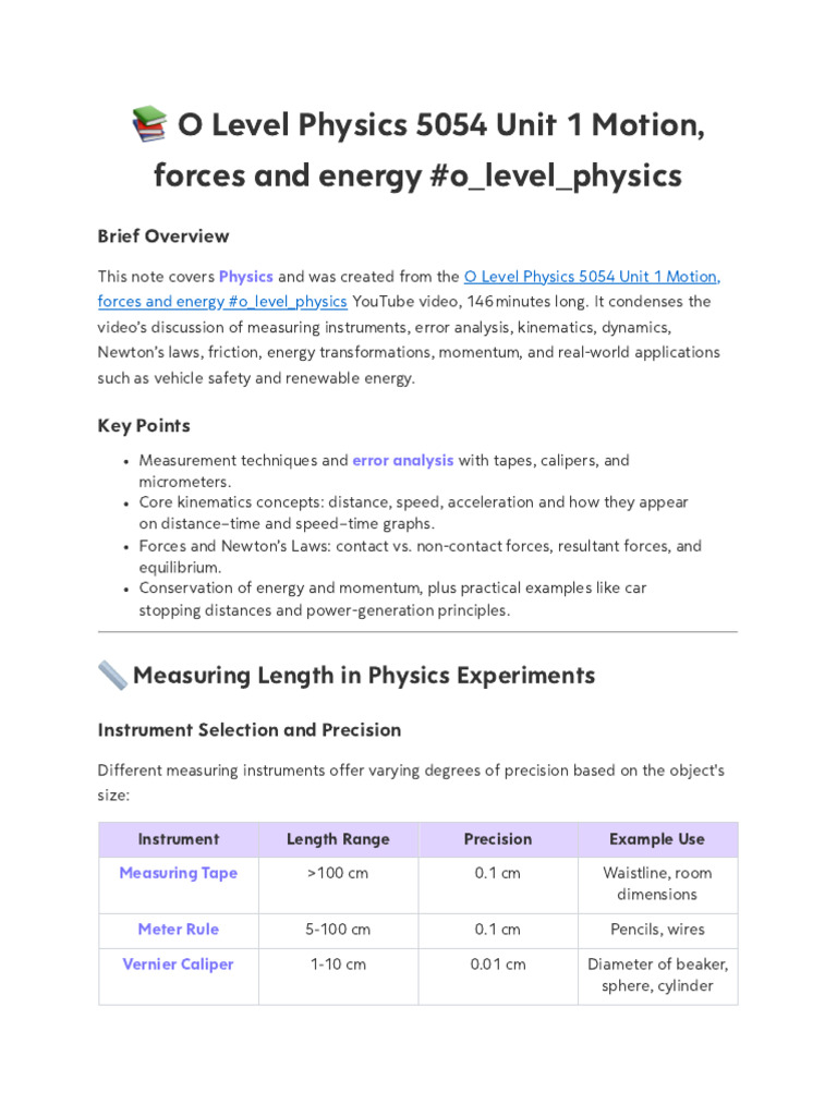 O Level Physics 5054 Unit 1 Motion, Forces and Energy #O - Level ...