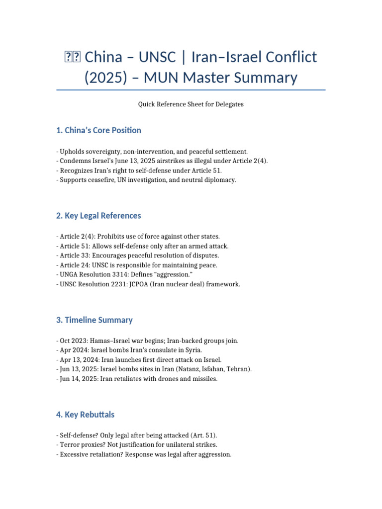 China UNSC Iran-Israel MUN Summary | PDF