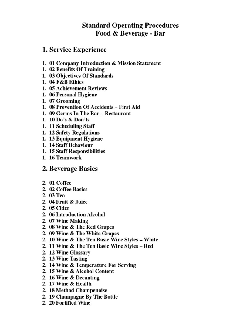 Bar Standard Operating Procedures Guide | PDF | Drink | Alcoholic Drinks