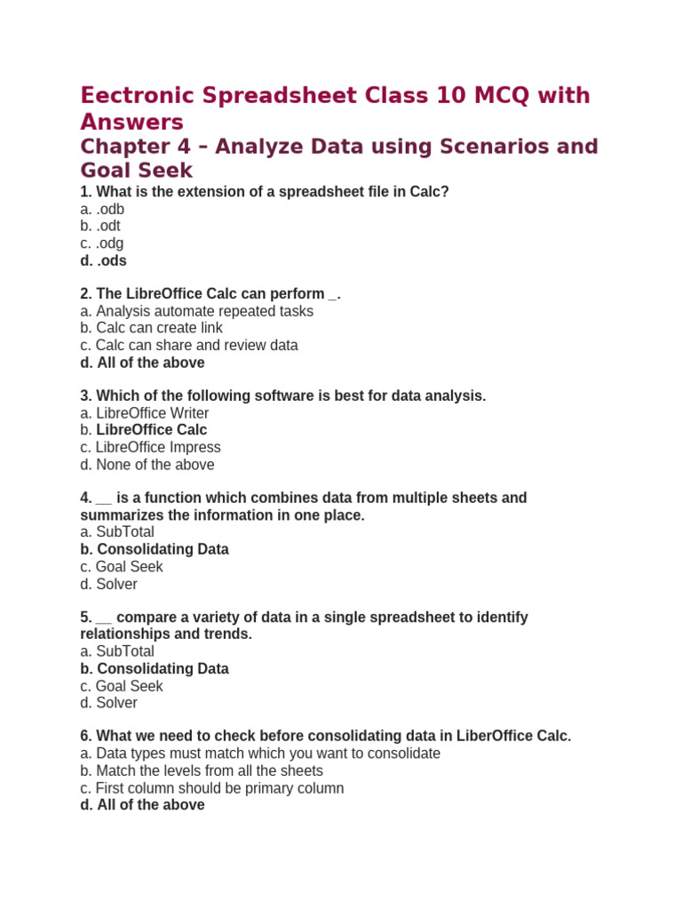 Eectronic Spreadsheet Class 10 MCQ With Answers[1] | PDF | Spreadsheet | Computing