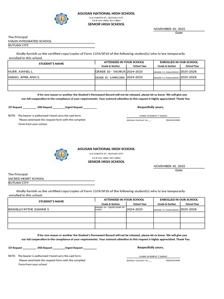 Request Form (From Other School) | PDF