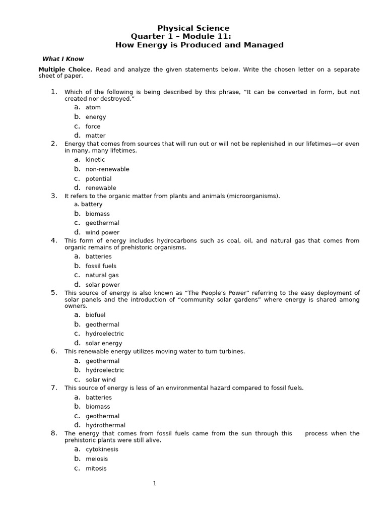 Physical Science 11 Q1 MODULE 11 How Energy is Produced and Managed ...