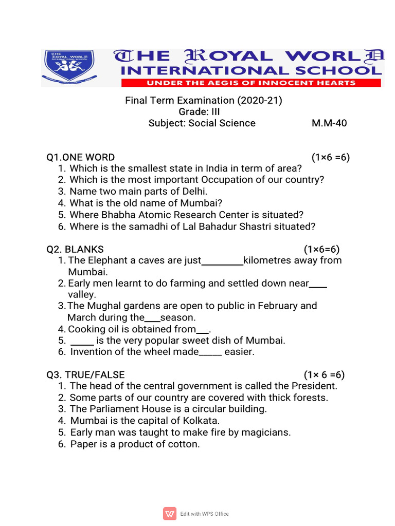 Grade 3 Social Science Subjective Final Term(1) | PDF