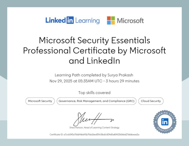 CertificateOfCompletion - Microsoft Security Essentials Professional ...