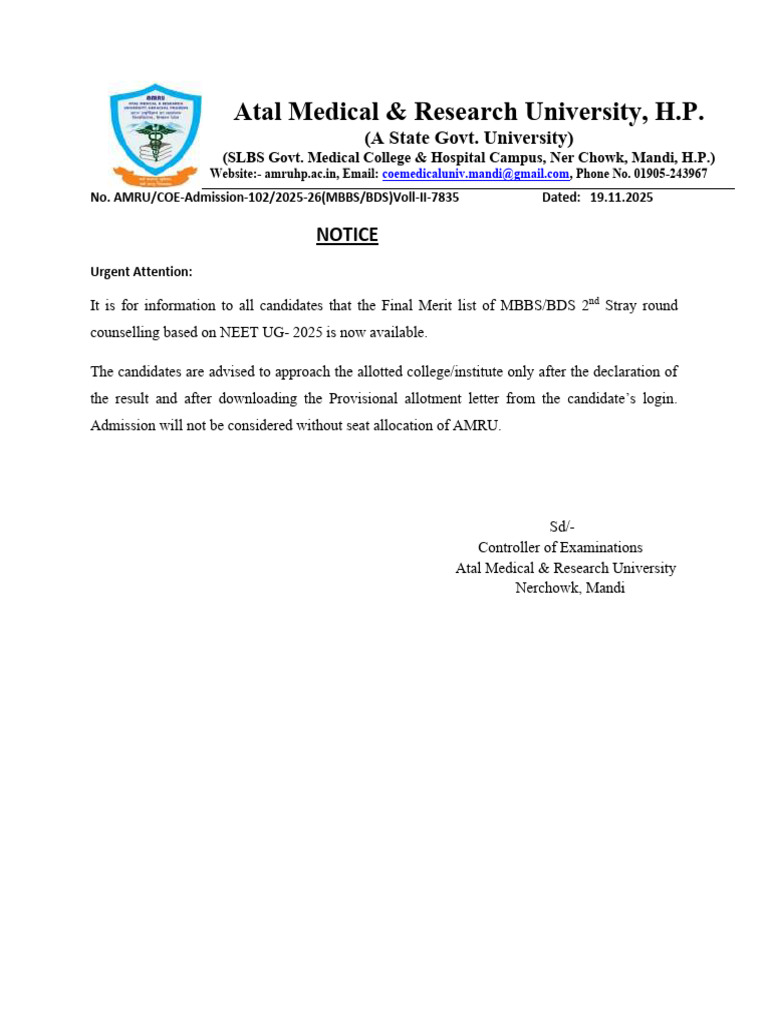 Merit List of MBBS BDS 2nd Stray Round Counselling 2025 Merged | PDF ...