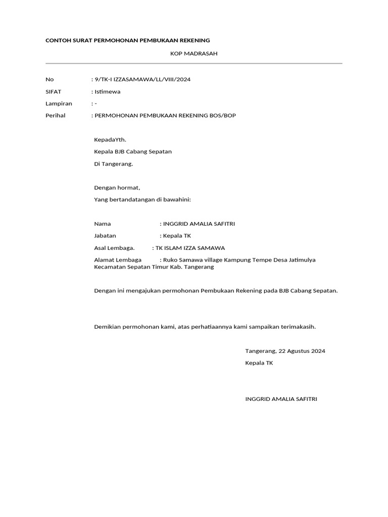 Surat Permohonan Rekening BJB TK Izza Samawa | PDF