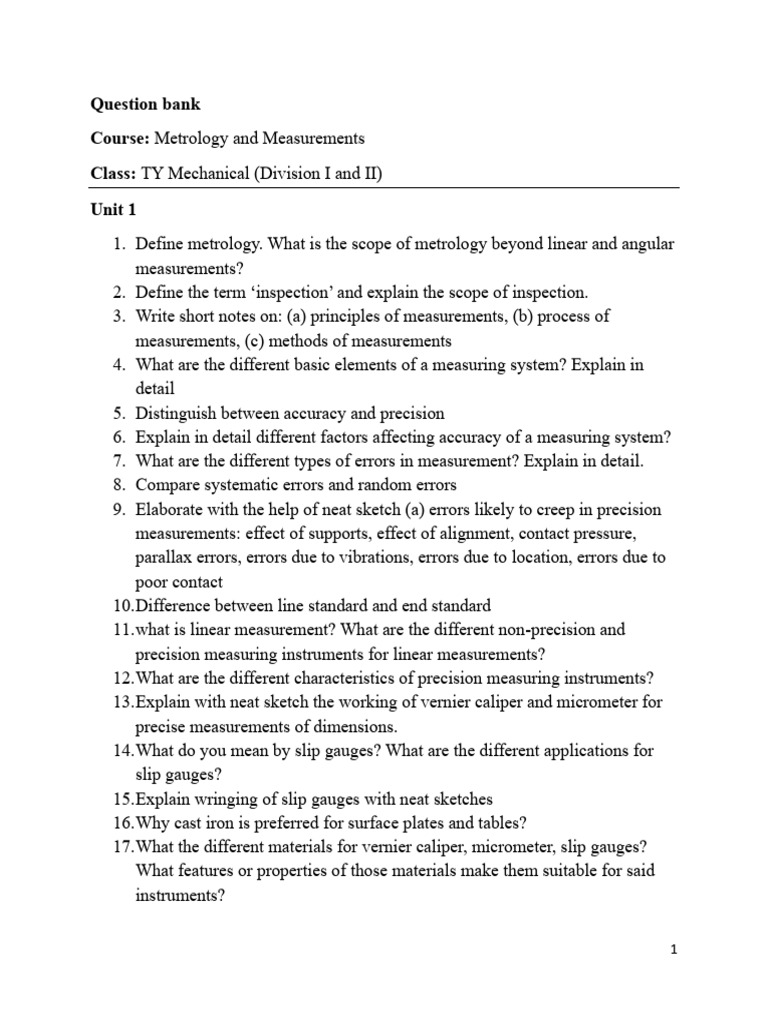 Question Bank_Metrology and Measurements | PDF | Engineering Tolerance ...