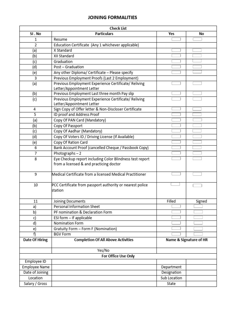 Joining Formalities Checklist for Employees | PDF