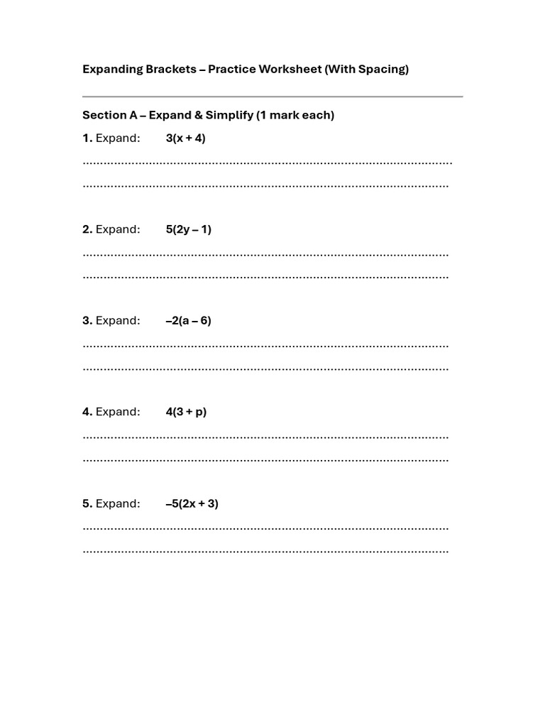 Expanding Brackets Practice Worksheet | PDF