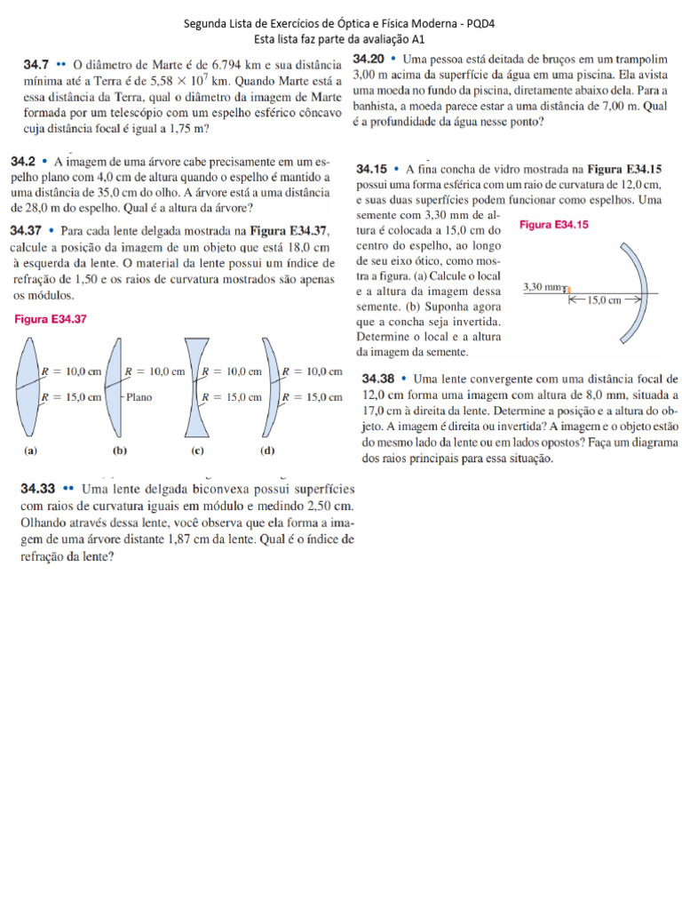Segunda Lista de Exercícios de Óptica e Física Moderna - Aula 2 (1) | PDF