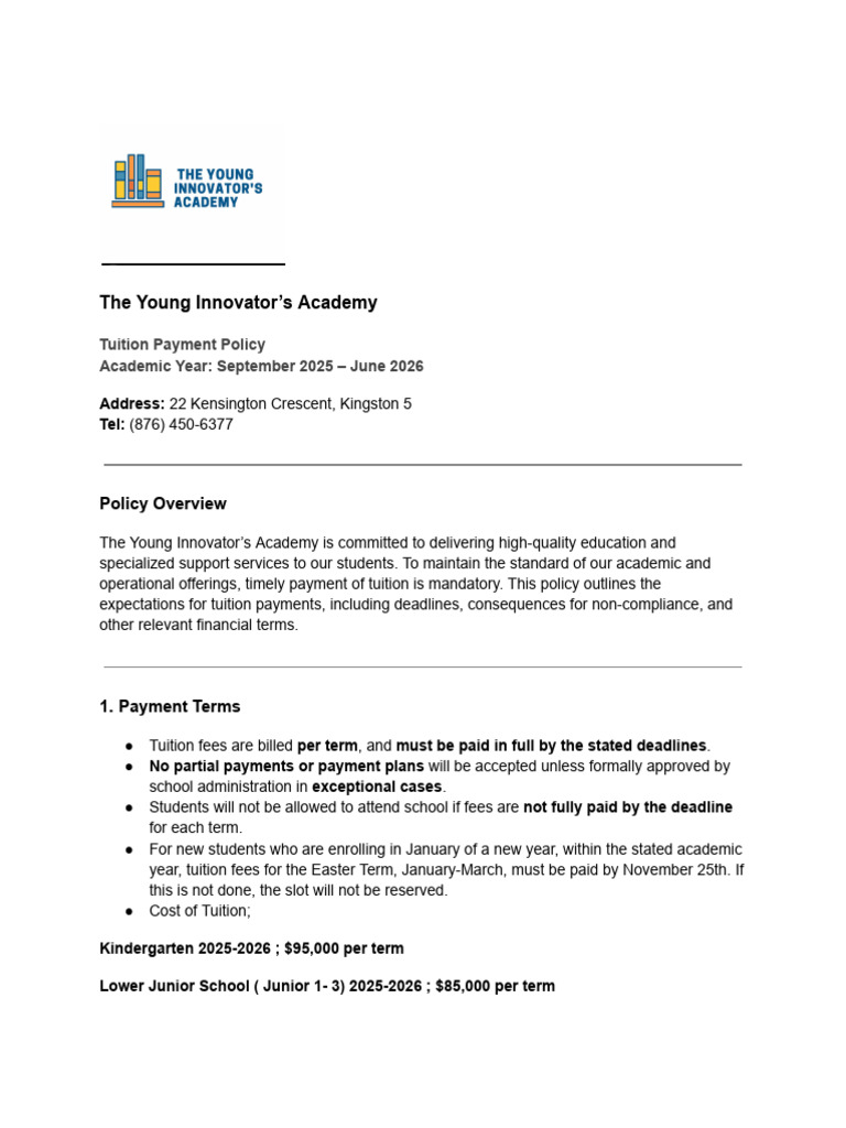Young Innovator's Academy Tuition Policy | PDF | Tuition Payments