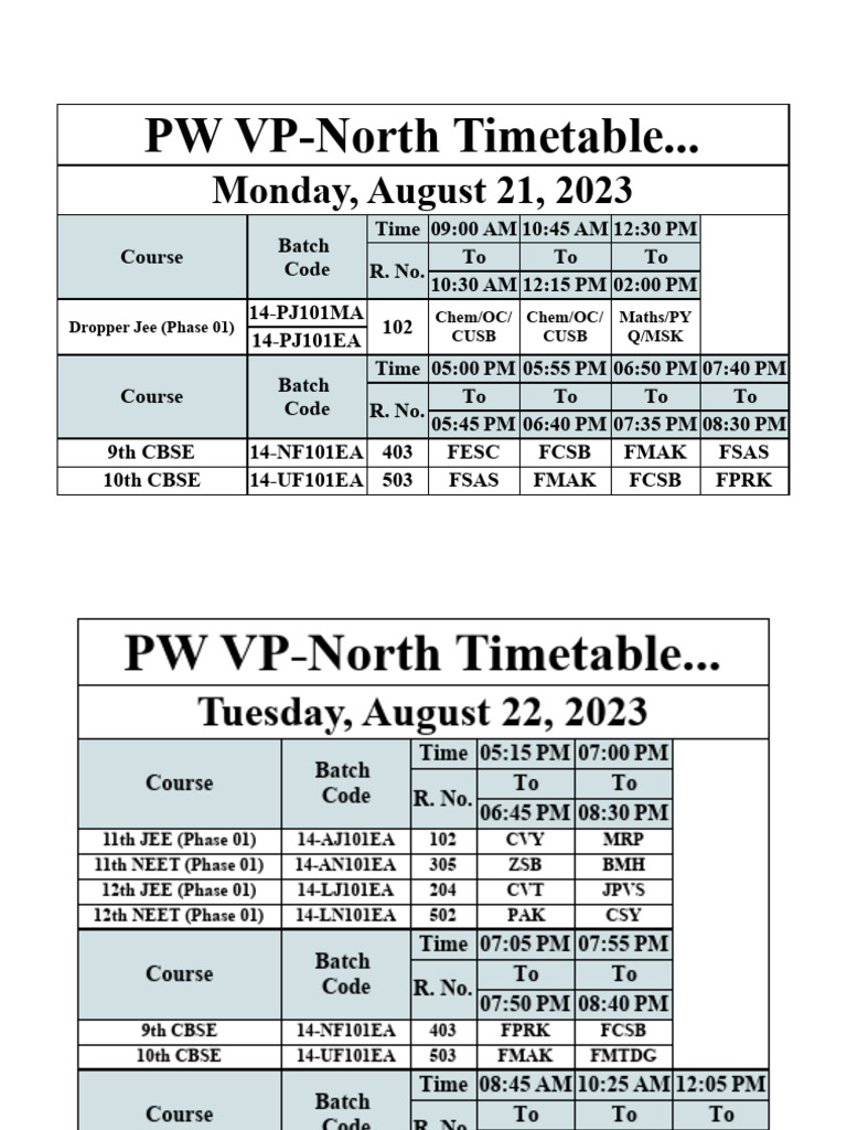 PW VP-North Weekly Timetable | PDF | Student Assessment And Evaluation ...