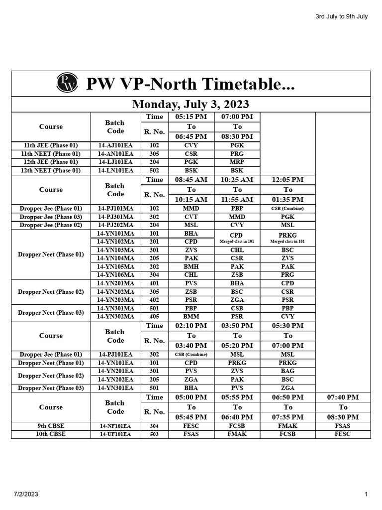 TimeTable - 3rd July to 9th July | PDF | Medical Education | Secondary ...