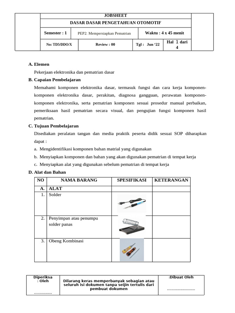 Pematrian Dasar Otomotif Semester 1 | PDF