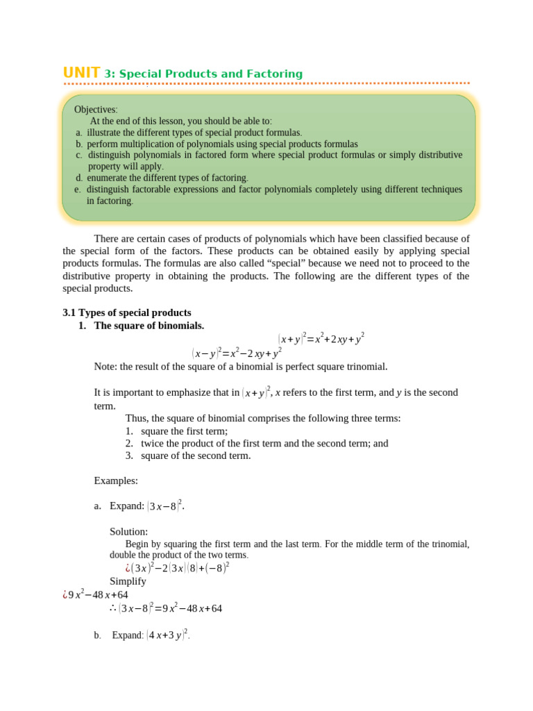 Special Products and Polynomial Factoring | PDF | Factorization ...