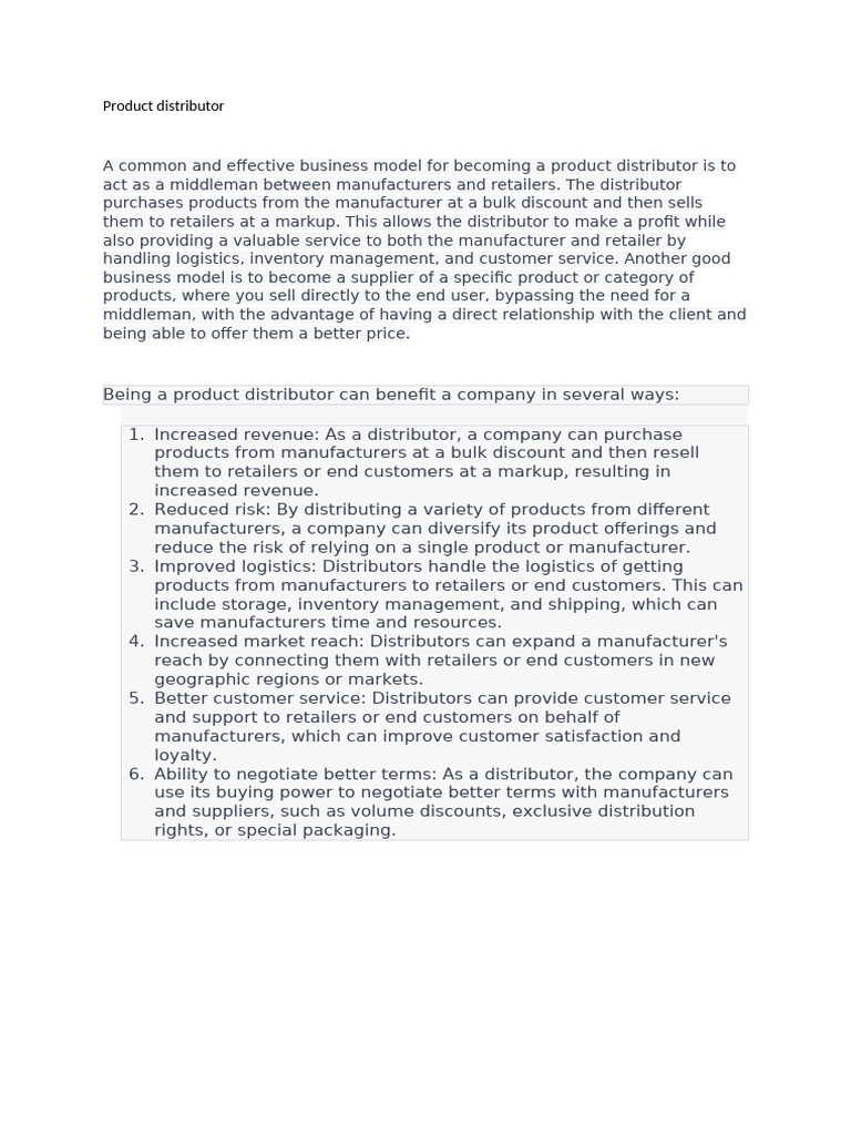 Benefits of Being a Product Distributor | PDF