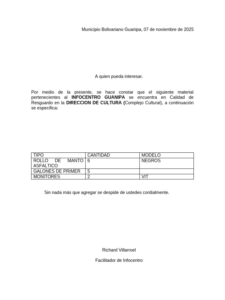Oficio de Resguardo de Pertenencias (Infocentro-Cultura) | PDF