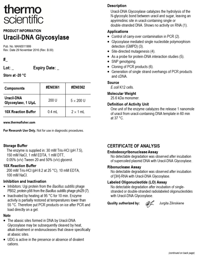 Uracil-DNA Glycosylase Product Info | PDF | Dna | Polymerase Chain Reaction