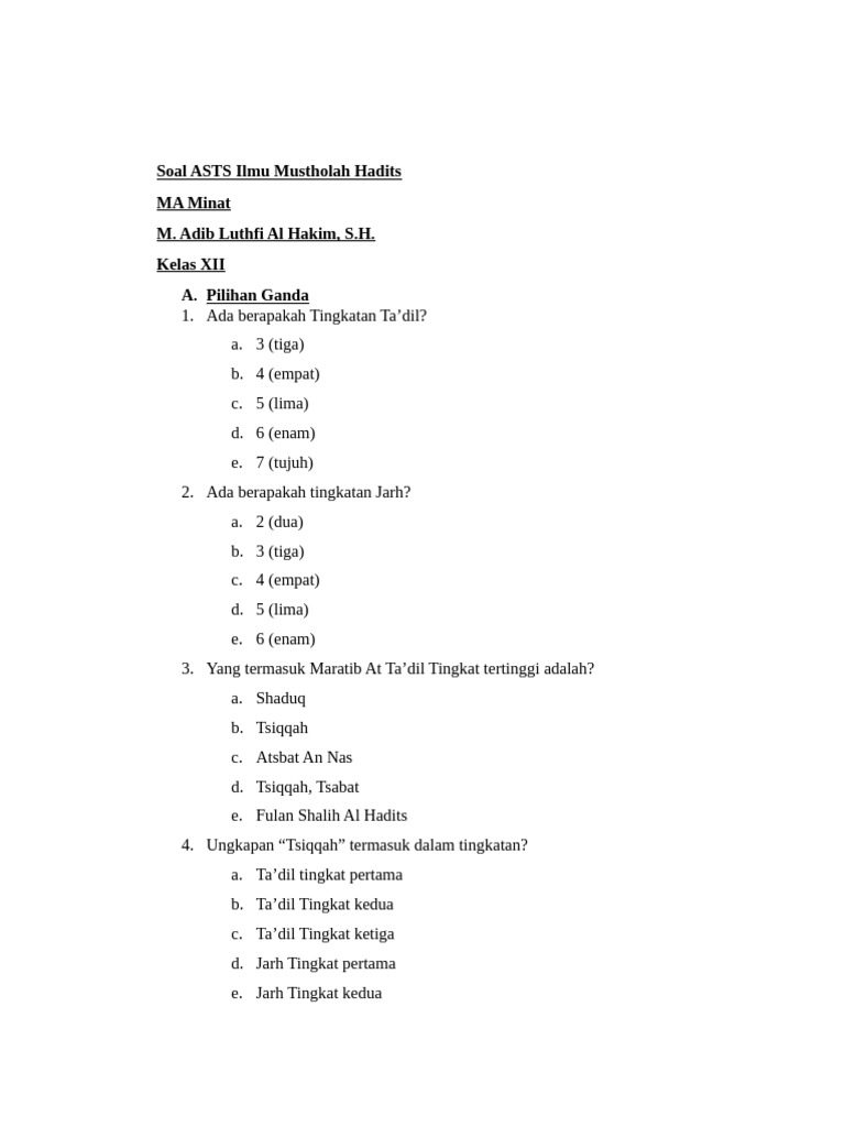 Soal ASTS Ilmu Mustholah Hadits Kelas XII | PDF