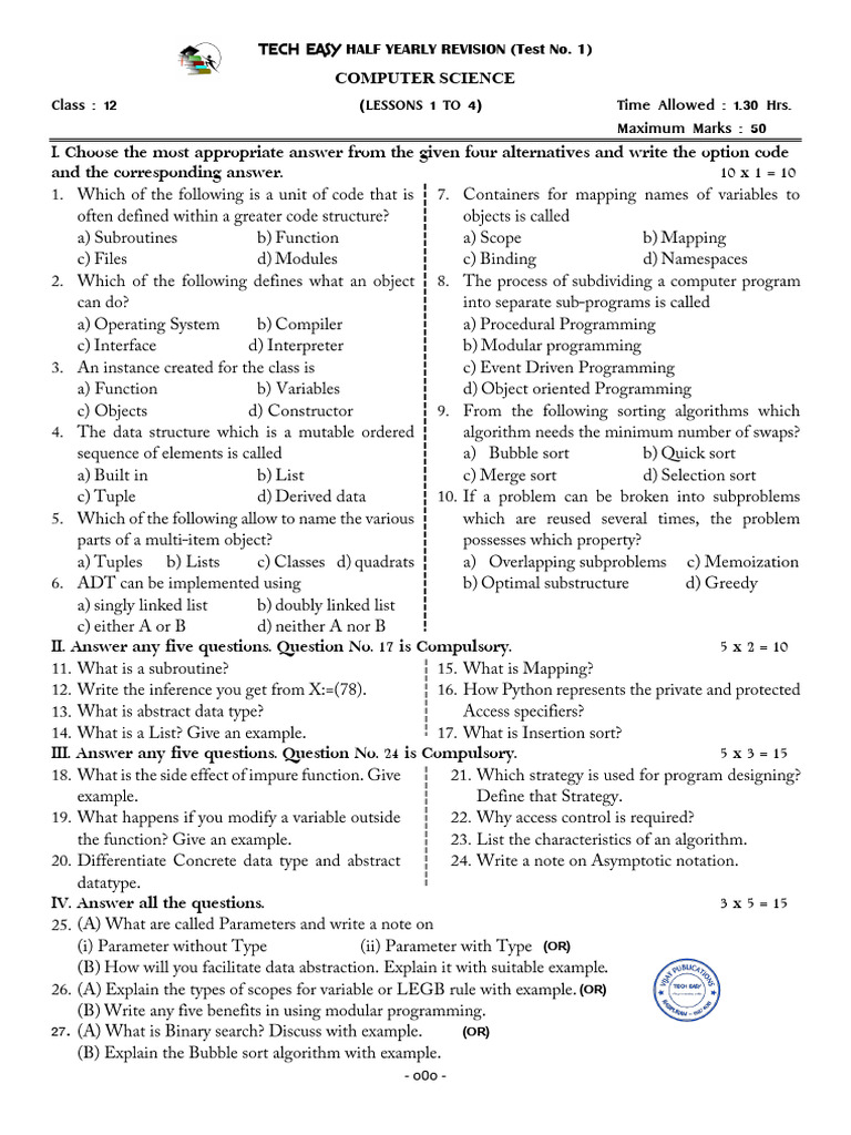 Class 12 Computer Science Revision Test | PDF | Class (Computer Programming) | Scope (Computer ...