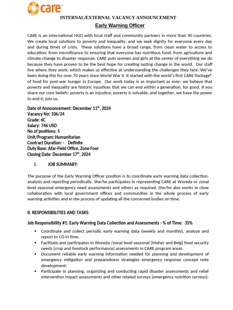 Advert - Early Warning Officer | PDF | Skill | Emergency Management
