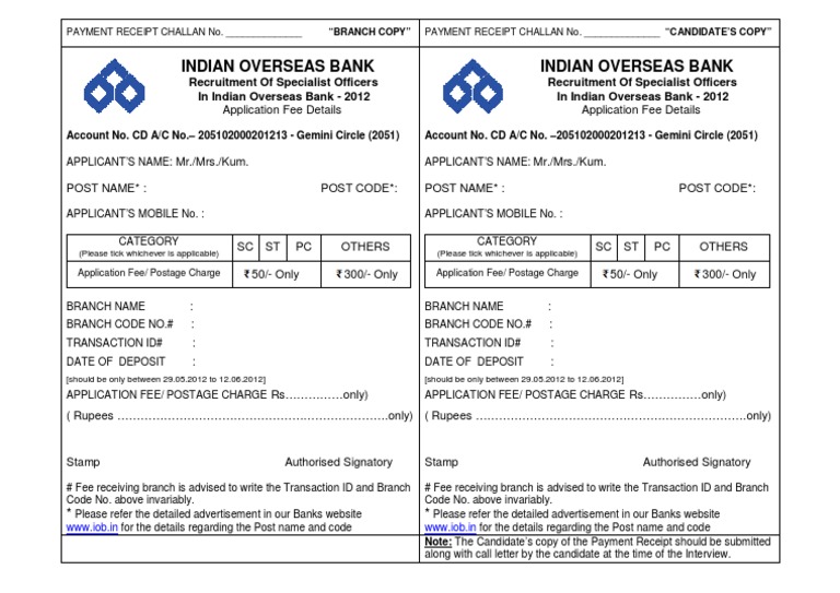 Indian Overseas Bank Payment Receipt | PDF | Business | Finance & Money ...