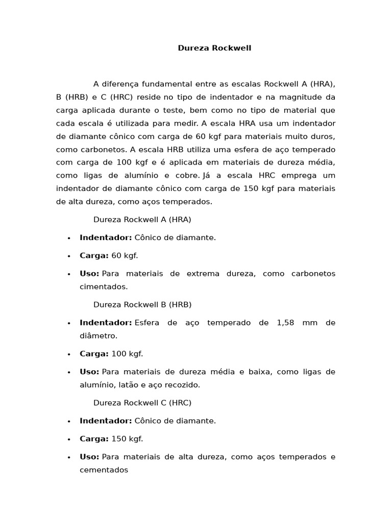 Diferenças entre Escalas Rockwell HRA, HRB e HRC | PDF