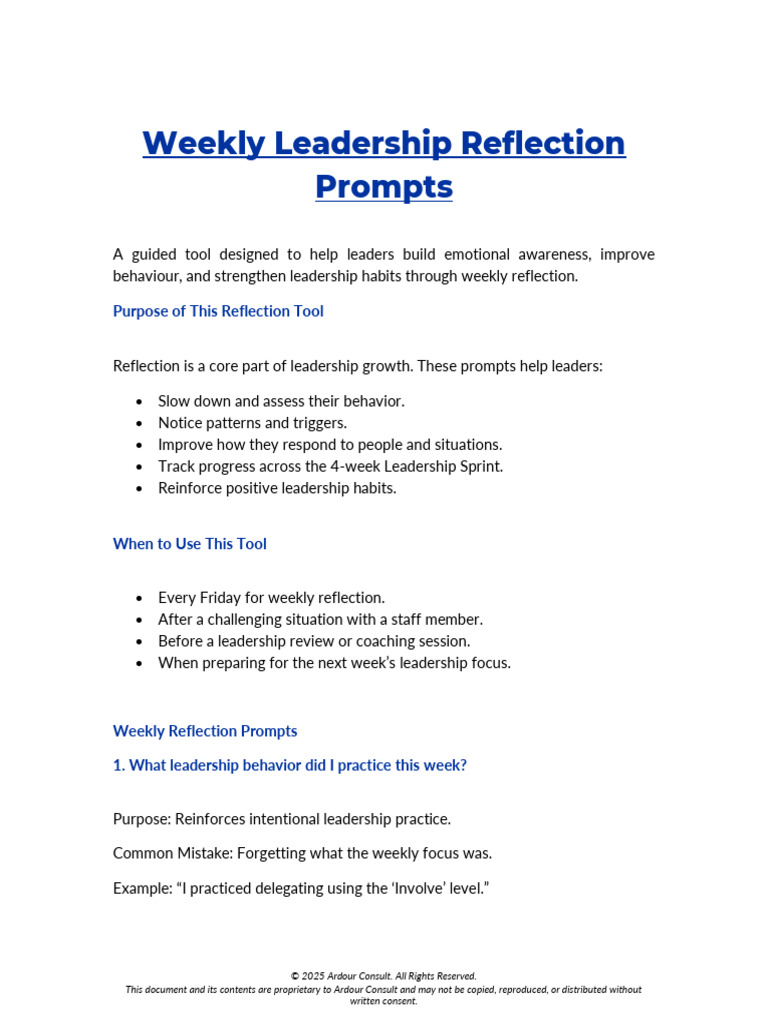 Weekly Leadership Reflection Prompts | PDF | Social Psychology | Cognition