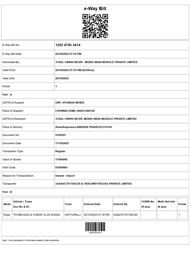 E-Way Bill Details for Import Shipment | PDF