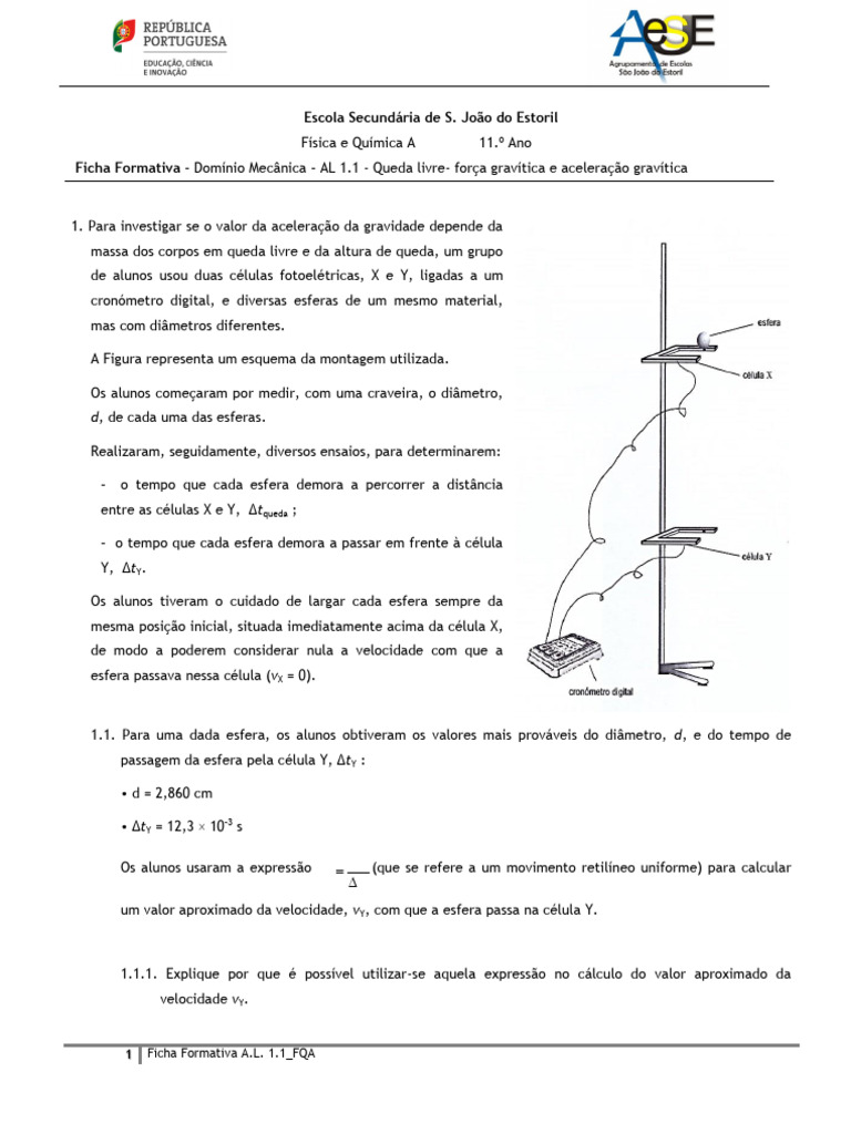 Ficha Formativa - AL 1.1 _ Queda livre _ for-a grav-tica e acelera--o grav-tica | PDF | Tempo ...