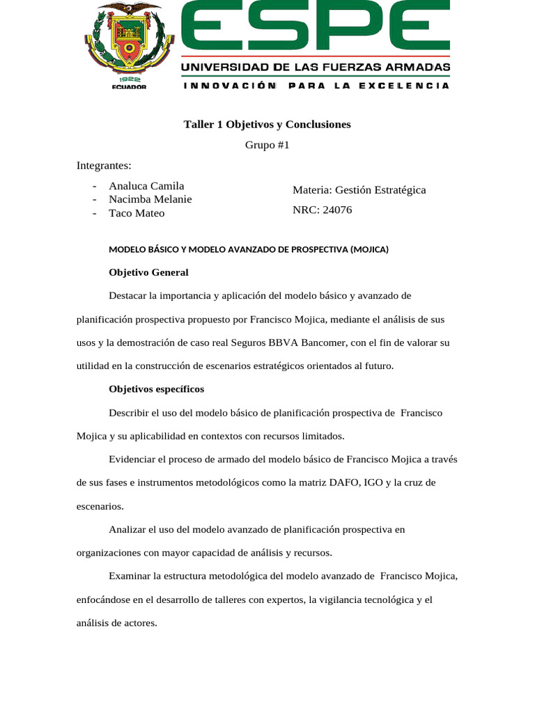 PROSPEC. Taller 1 Objetivos y Conclusiones - GRUPO 1 | PDF | Planificación | Análisis FODA
