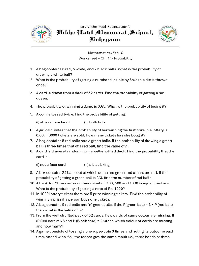 Probability Worksheet 1 | PDF | Probability