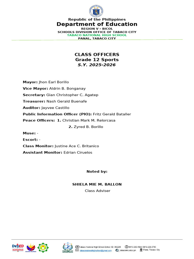 Grade 12 Sports Class Officers 2025-2026 | PDF