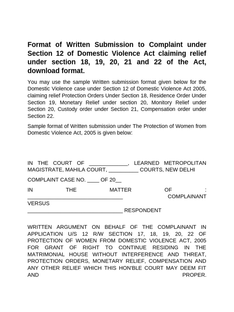 Domestic Violence Written Submission Format | PDF | Supreme Court Of ...