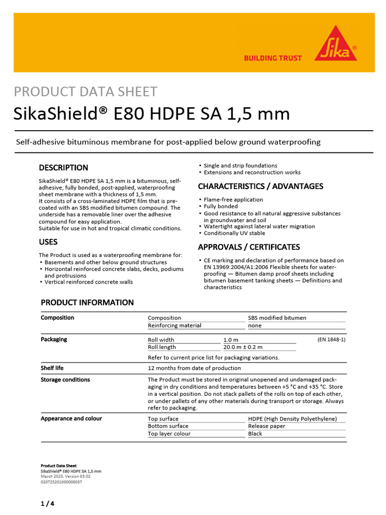 SikaShield E80 HDPE SA Waterproofing Membrane | PDF | Building ...