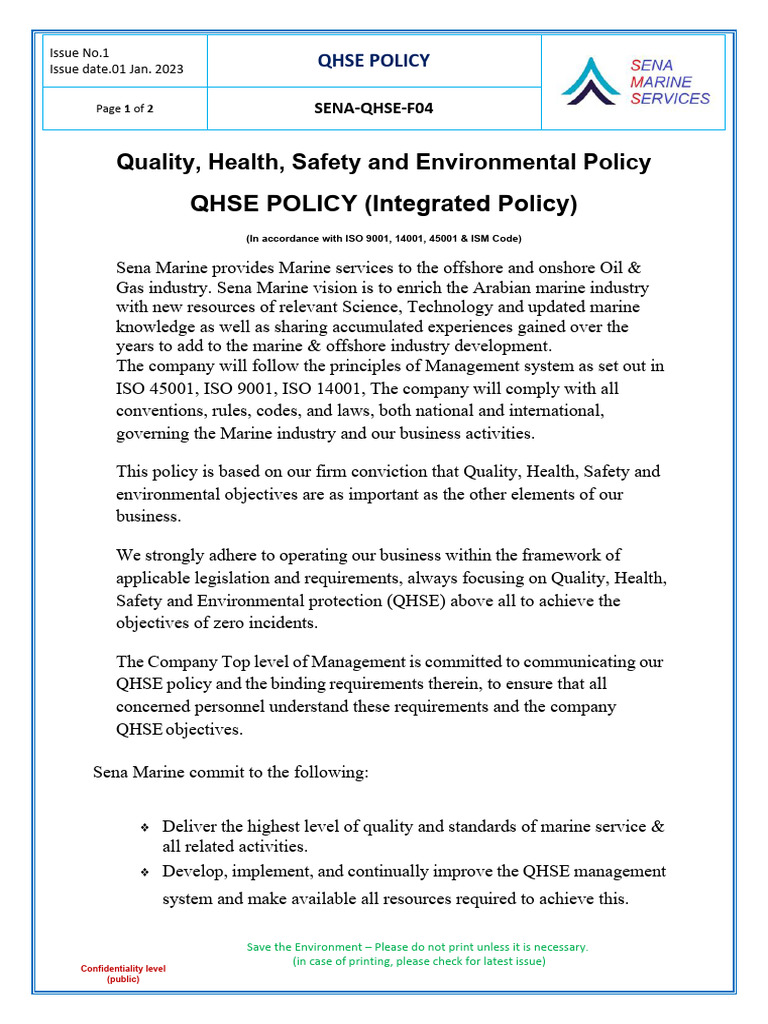 Sena Qhse f04 Qhse Policy | PDF | Safety | Natural Environment